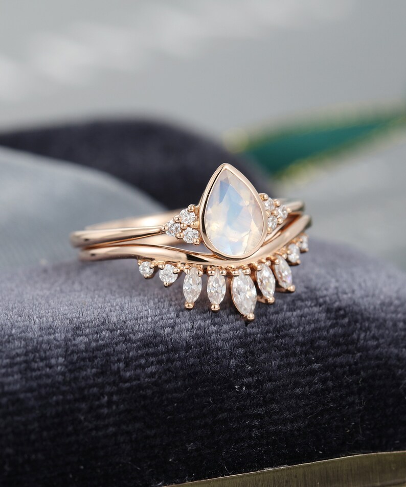 Pear Shaped Moonstone Engagement Ring Vintage Rose Gold | Etsy