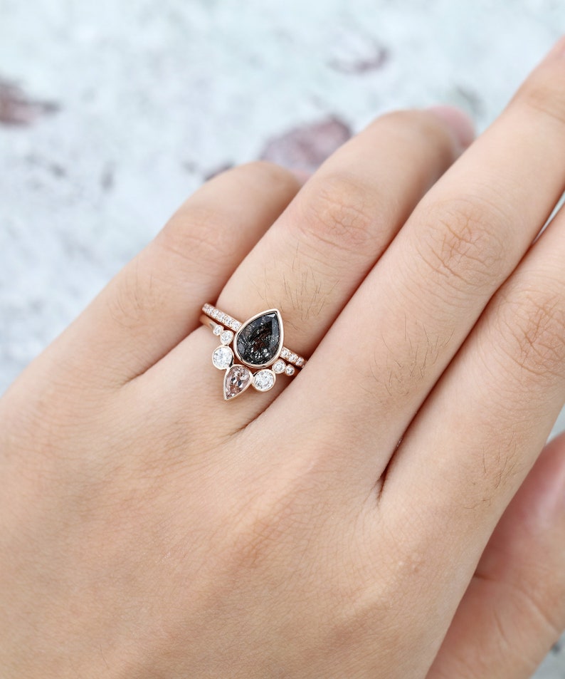 2PCS Pear Shaped Bezel Set Ring Black Quartz Rutilated Unique | Etsy