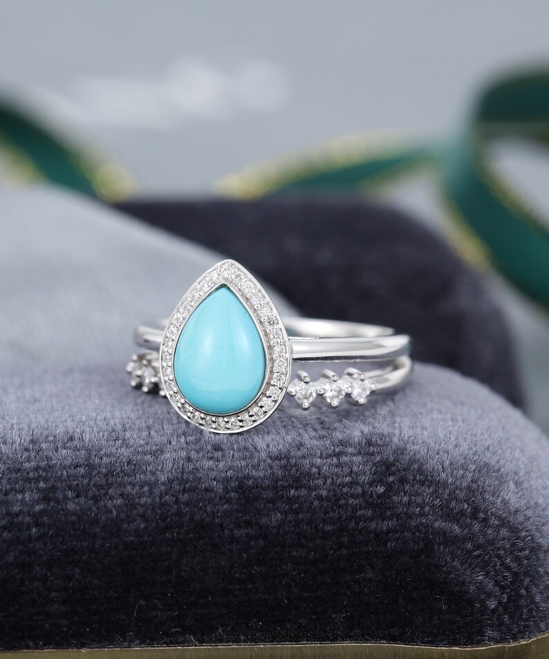 2PCS Pear shaped Turquoise engagement ring set white gold Halo | Etsy
