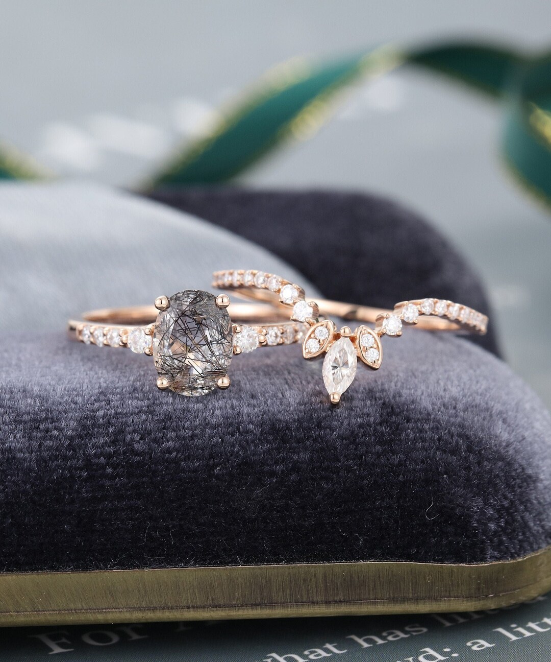 Oval Cut Black Rutilated Quartz Engagement Ring Set Rose Gold Ring ...