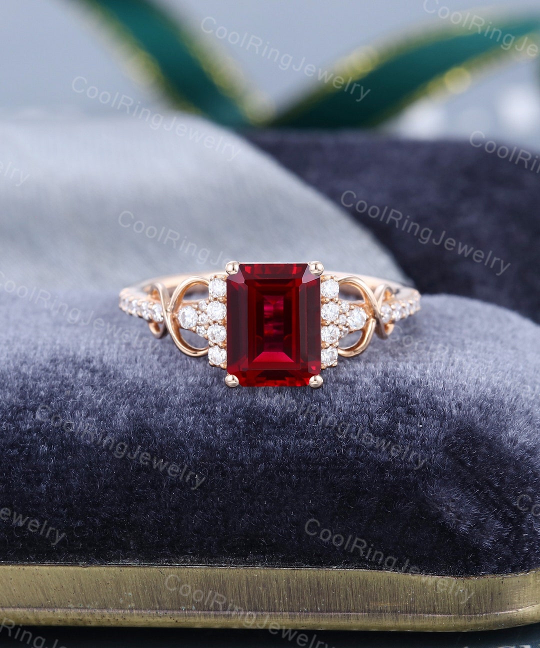 Emerald Cut Ruby Engagement Ring Unique Half Eternity Diamond ...