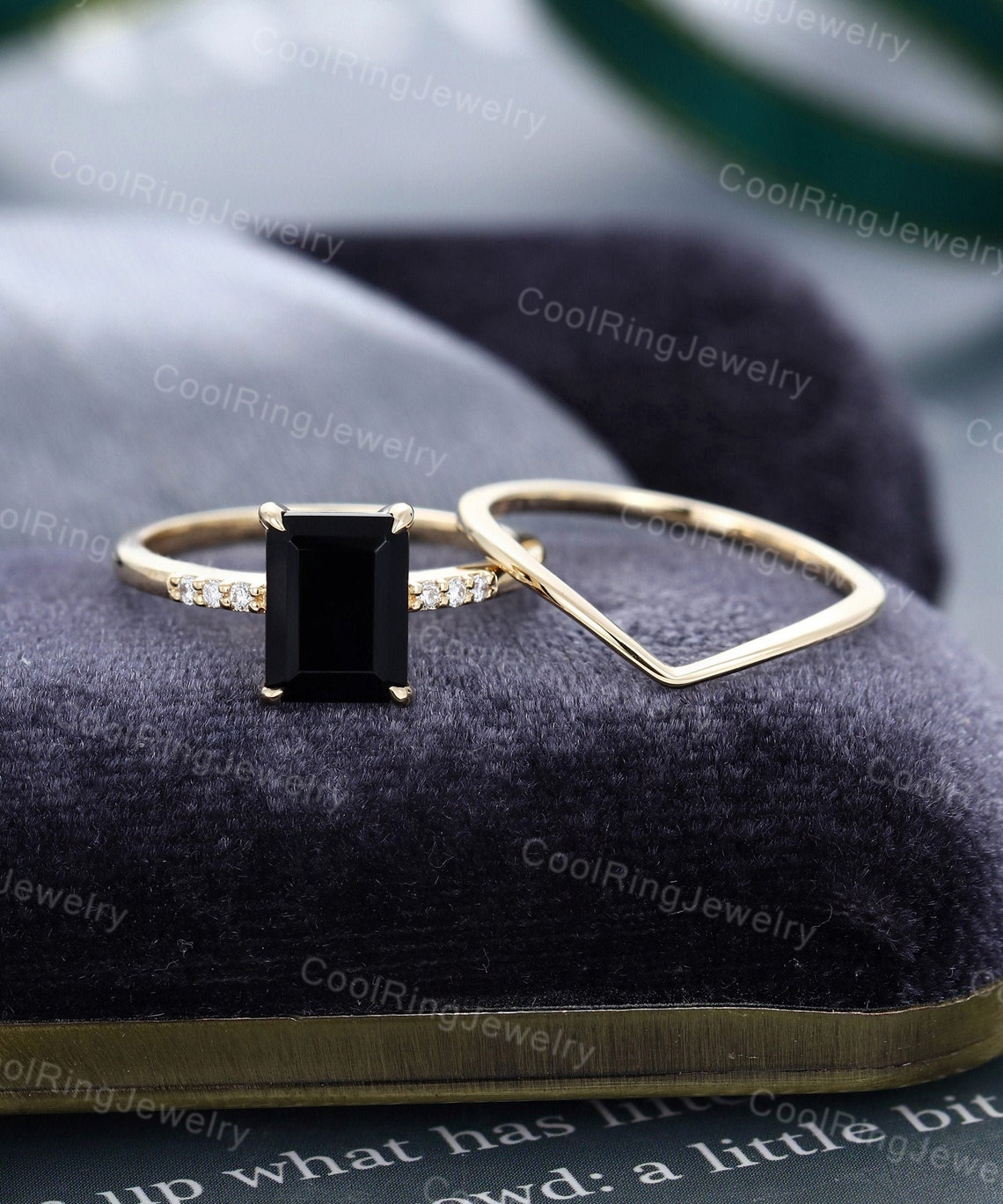 Emerald Cut Black Onyx Engagement Ring Set Diamond Cluster - Etsy