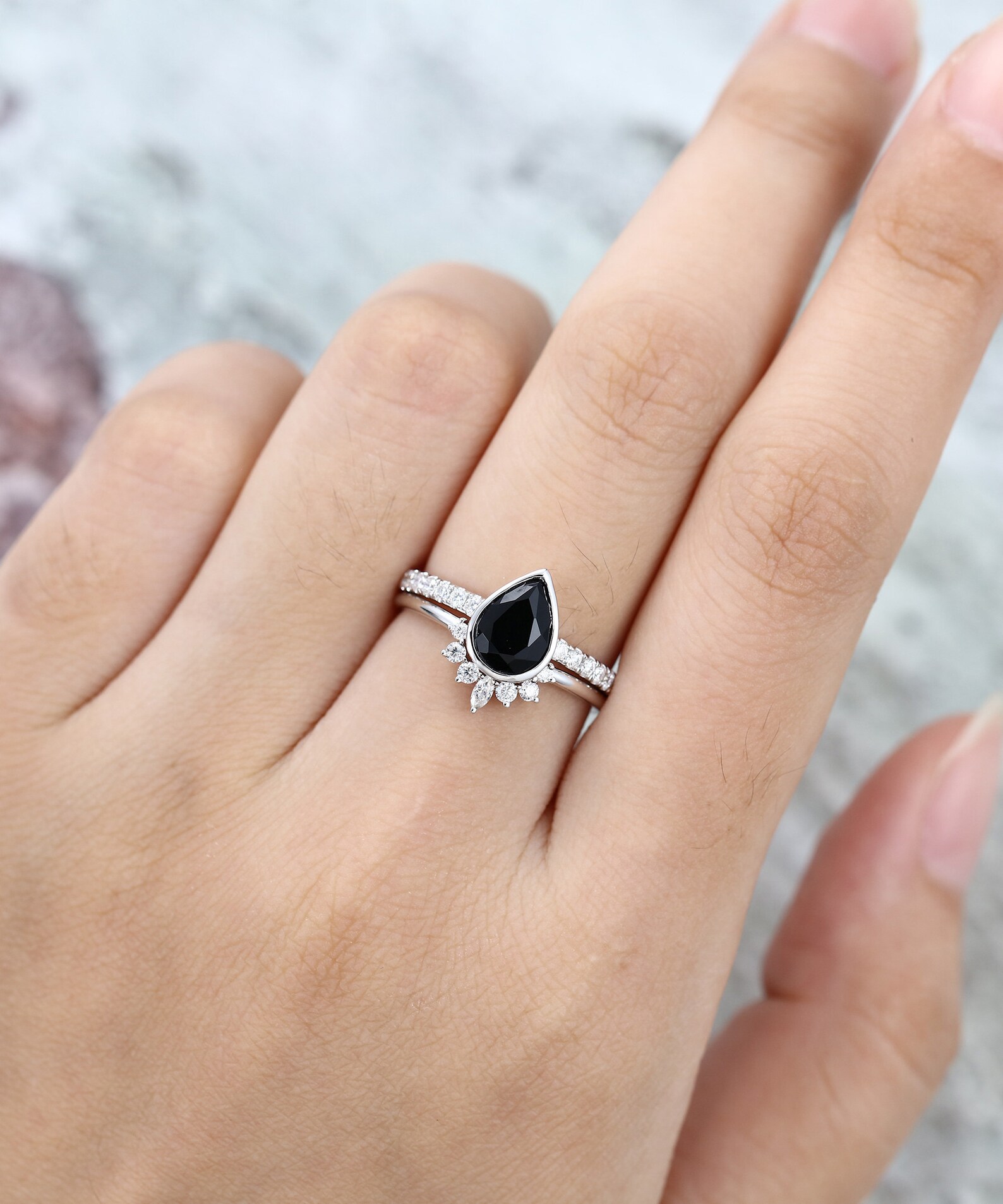 2PCS Pear Shaped Black Onyx Engagement Ring White Gold Engagement Ring ...