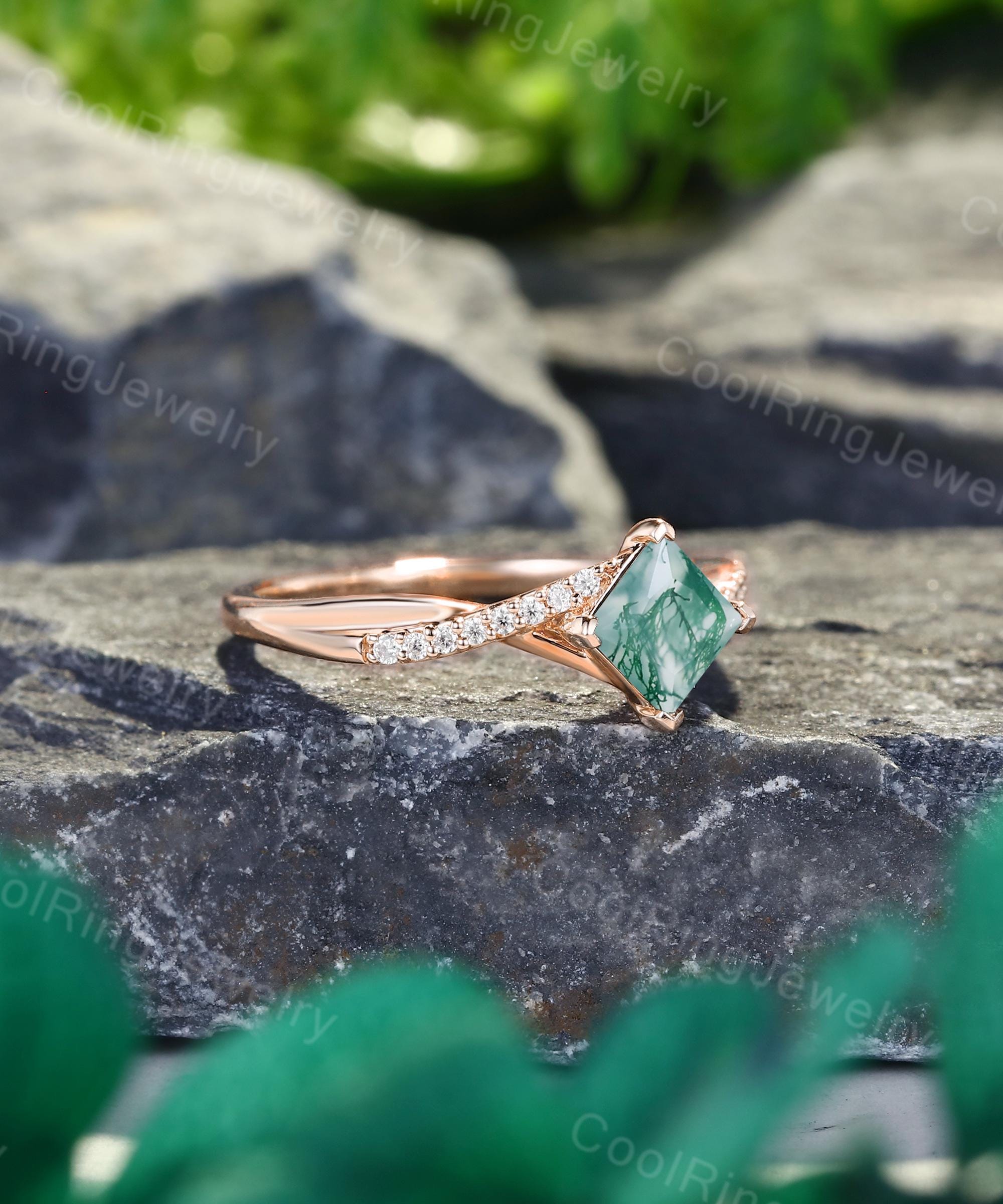 Unique Princess Cut Moss Agate Engagement Ring 18k Rose Gold Wedding ...