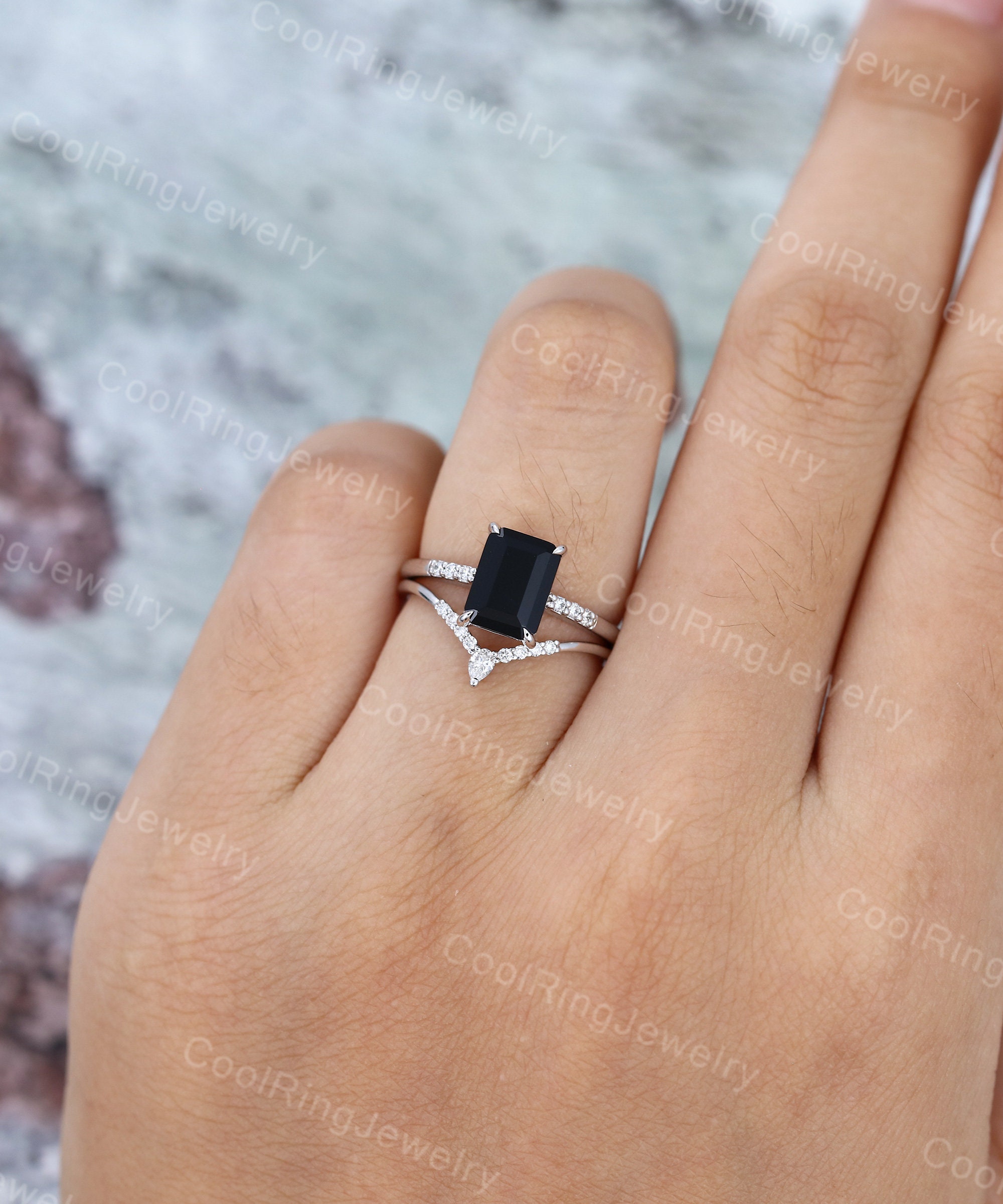 Emerald Cut Black Onyx Engagement Ring Set Moissanite/diamond Cluster ...