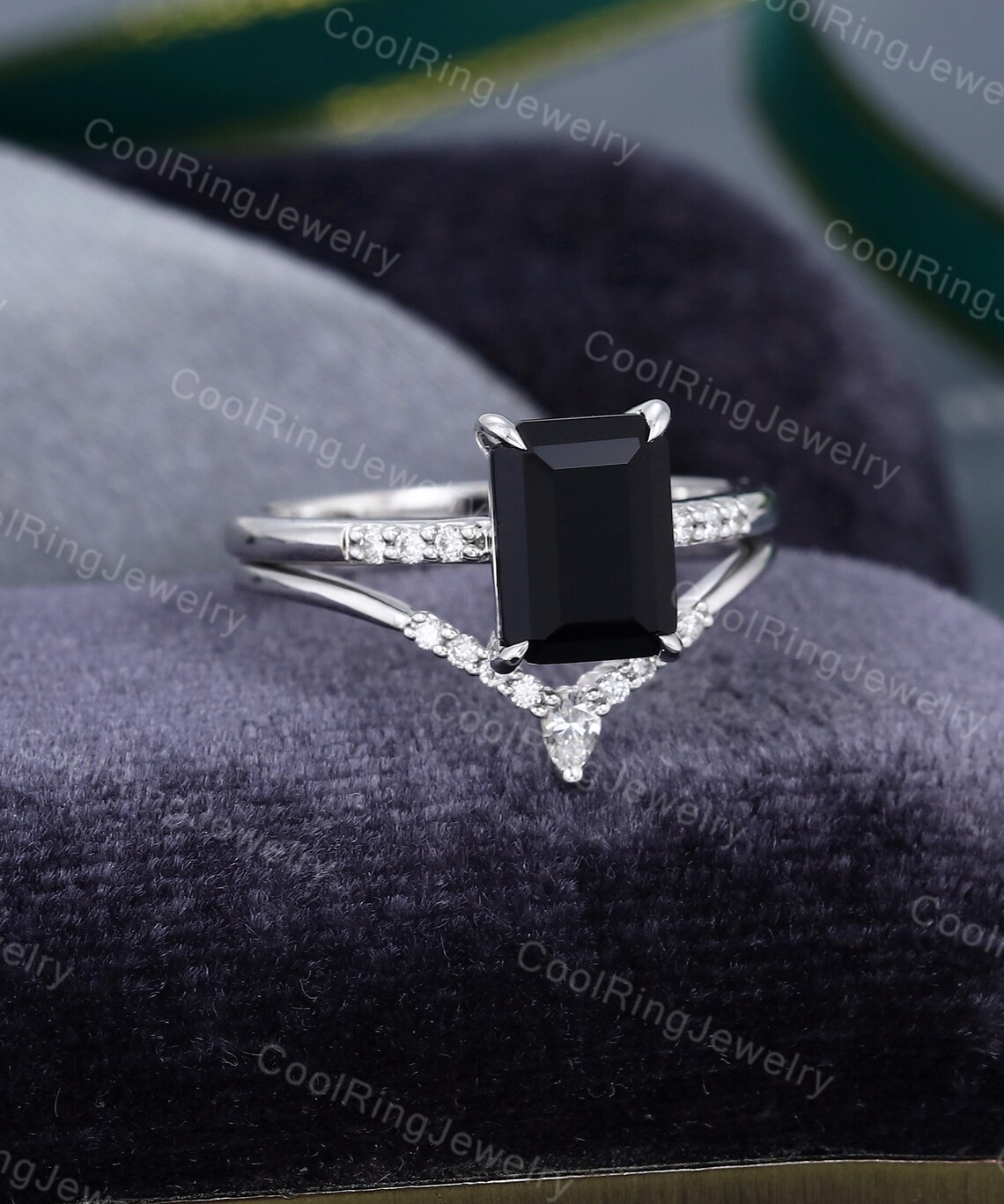 Emerald Cut Black Onyx Engagement Ring Set Moissanite/diamond Cluster ...