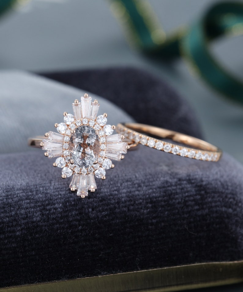 Oval Cut Black Rutilated Quartz Engagement Ring Set Rose Gold - Etsy