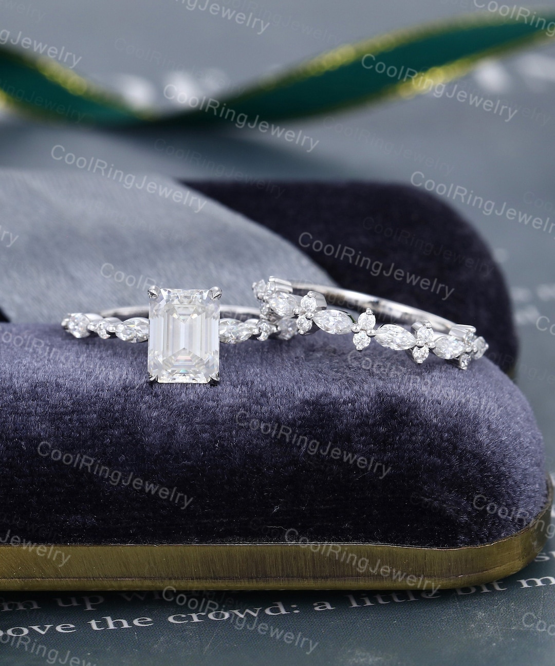 Emerald Cut Moissanite Engagement Ring Set Solid 14k White Gold Half ...