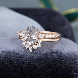 Oval Cut Black Rutilated Quartz Engagement Ring Set Rose Gold Vintage ...