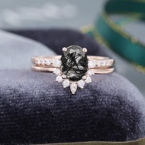 Oval Cut Black Rutilated Quartz Engagement Ring Set Rose Gold Vintage ...