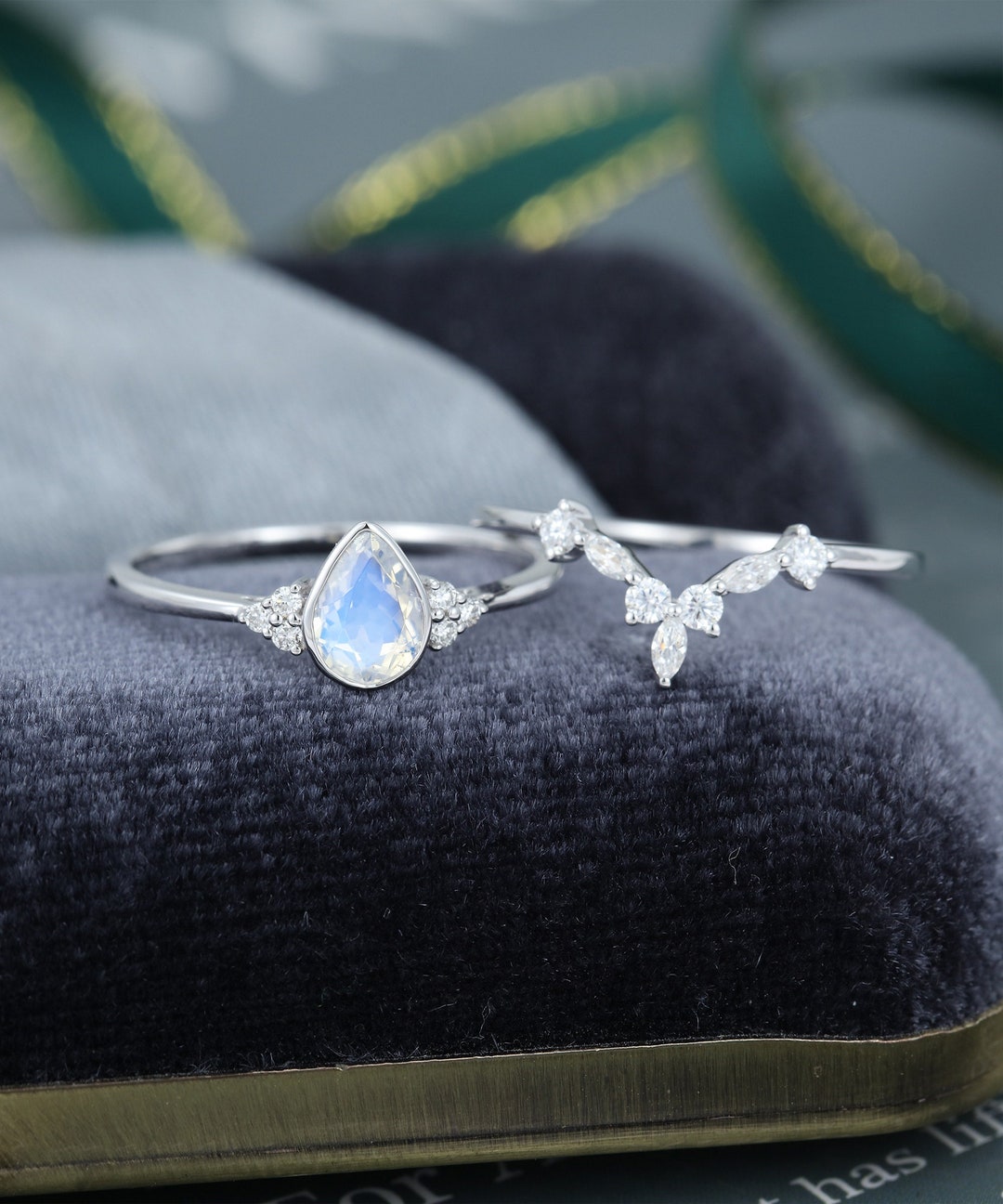 Pear Shaped Moonstone Engagement Ring Set Vintage White Gold - Etsy