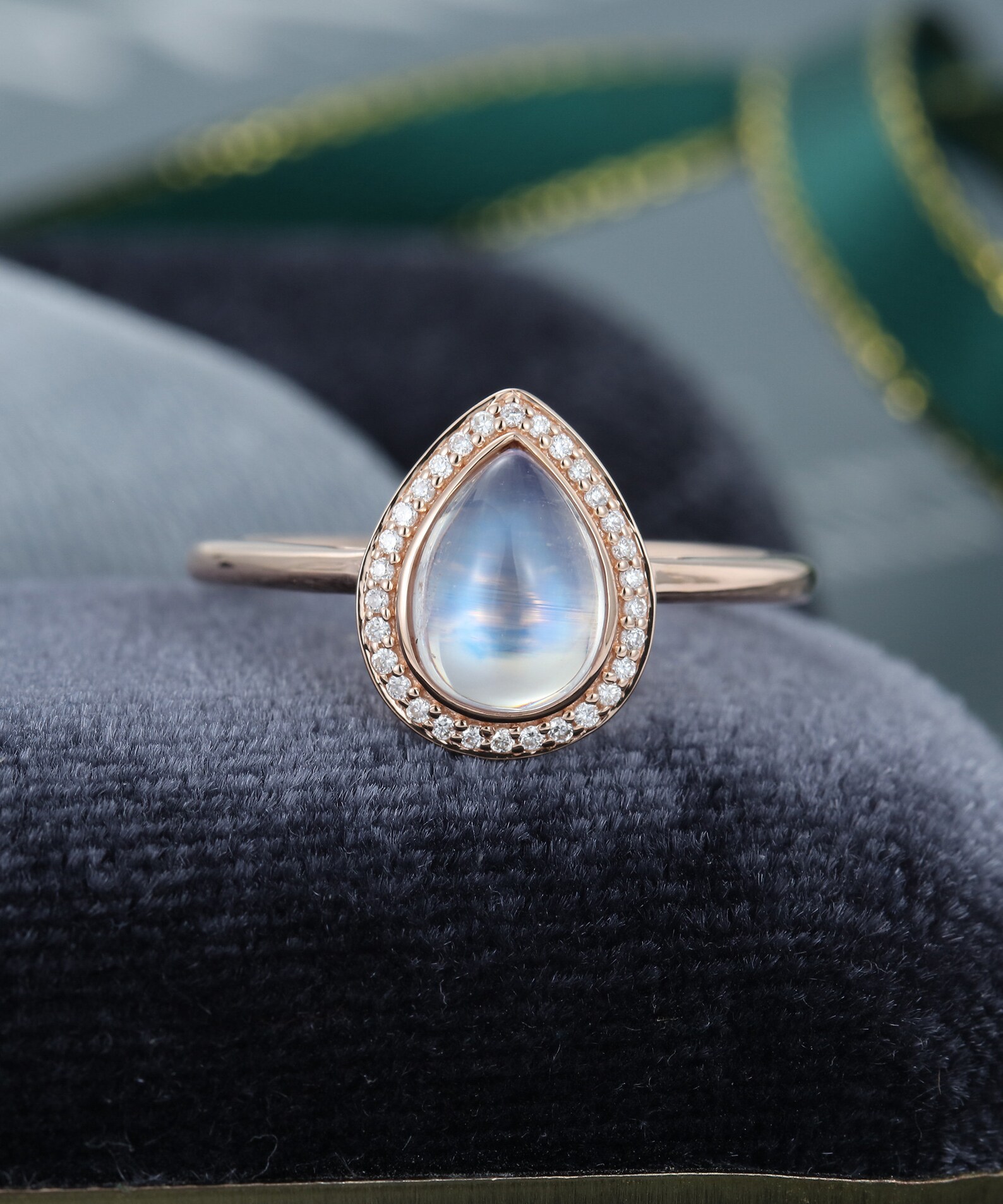 Pear Shaped Moonstone Engagement Ring Rose Gold Halo Diamond - Etsy