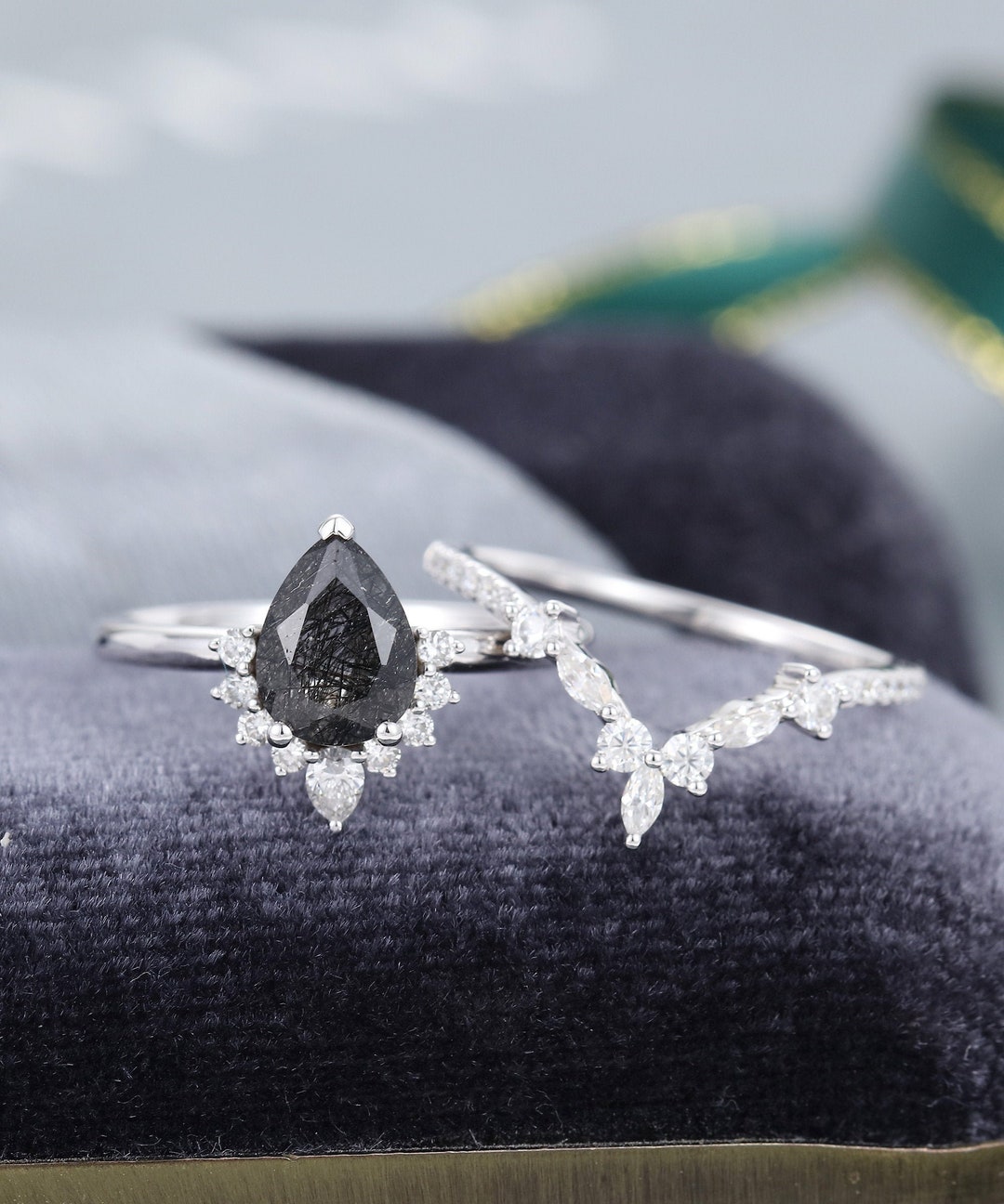 Black Rutilated Quartz Engagement Ring Set Vintage White Gold - Etsy