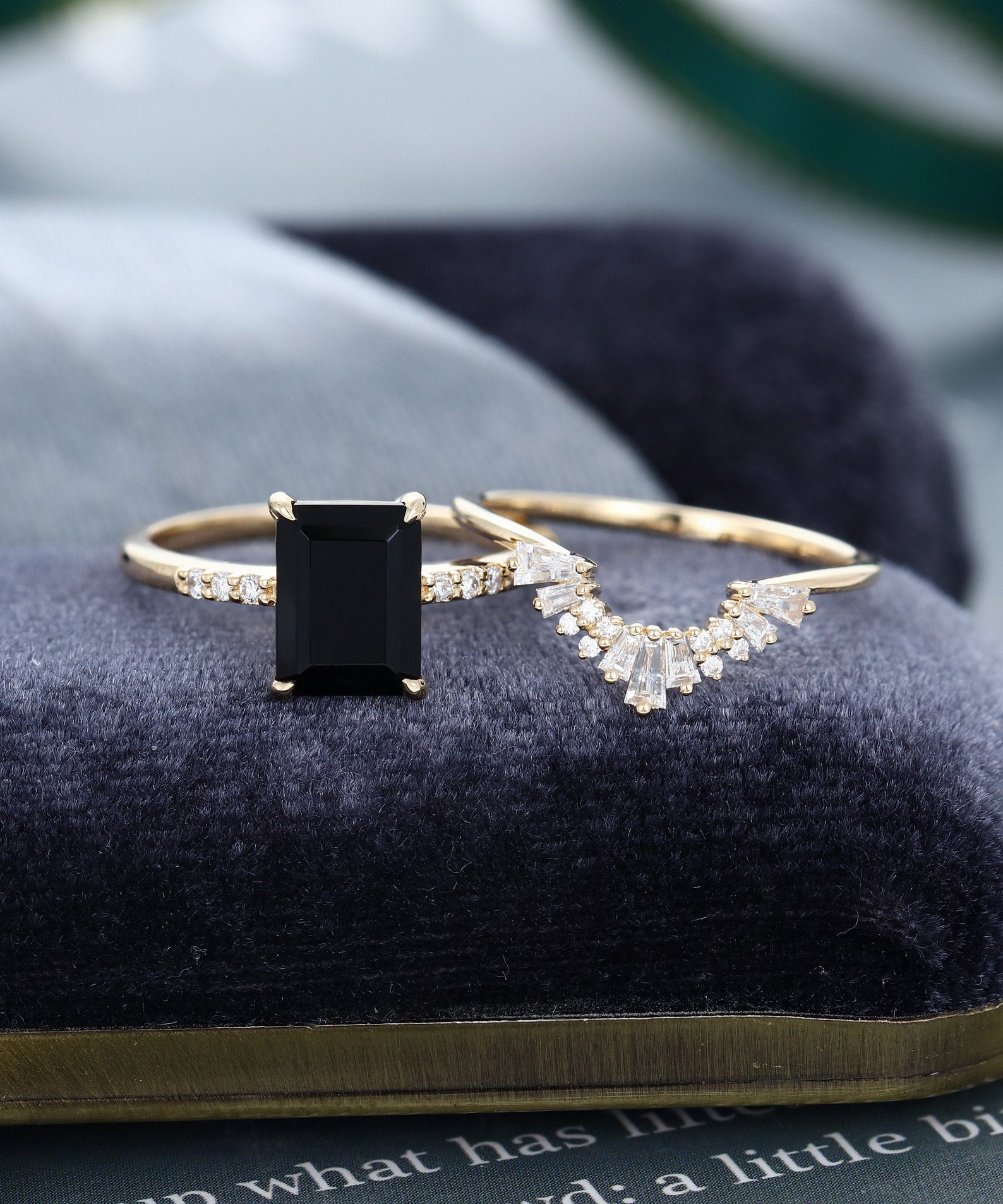 Emerald Cut Black Onyx Engagement Ring Set Diamond Cluster - Etsy