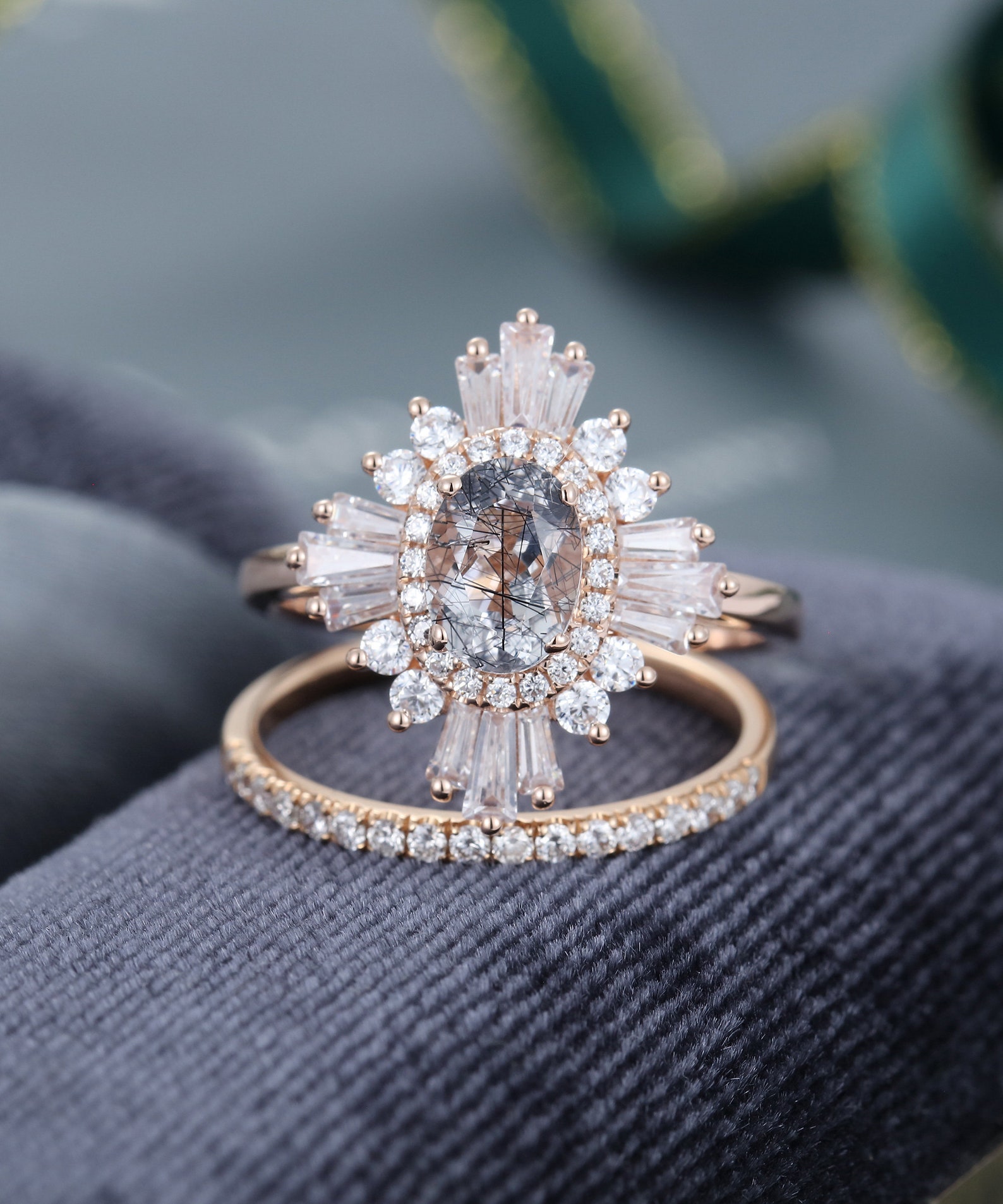 Oval Cut Black Rutilated Quartz Engagement Ring Set Rose Gold - Etsy