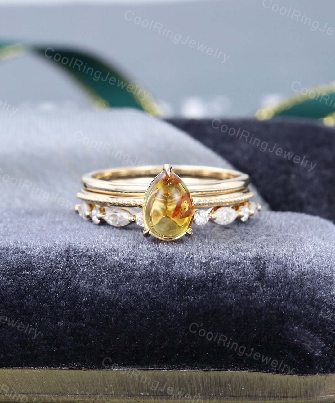 Pear Shaped Amber Engagement Ring Set Yellow Gold Engagement Ring ...