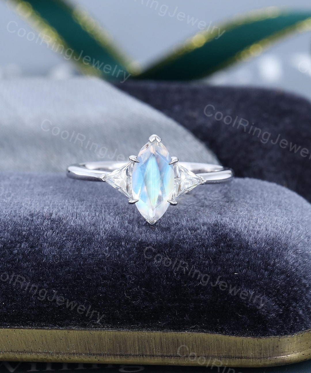 Marquise Cut Moonstone Engagement Ring Vintage 18K White Gold Ring ...