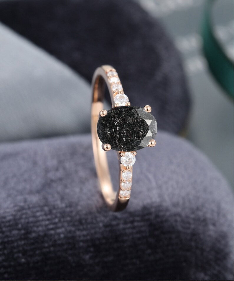 Oval Cut Black Rutilated Quartz Engagement Ring Rose Gold - Etsy