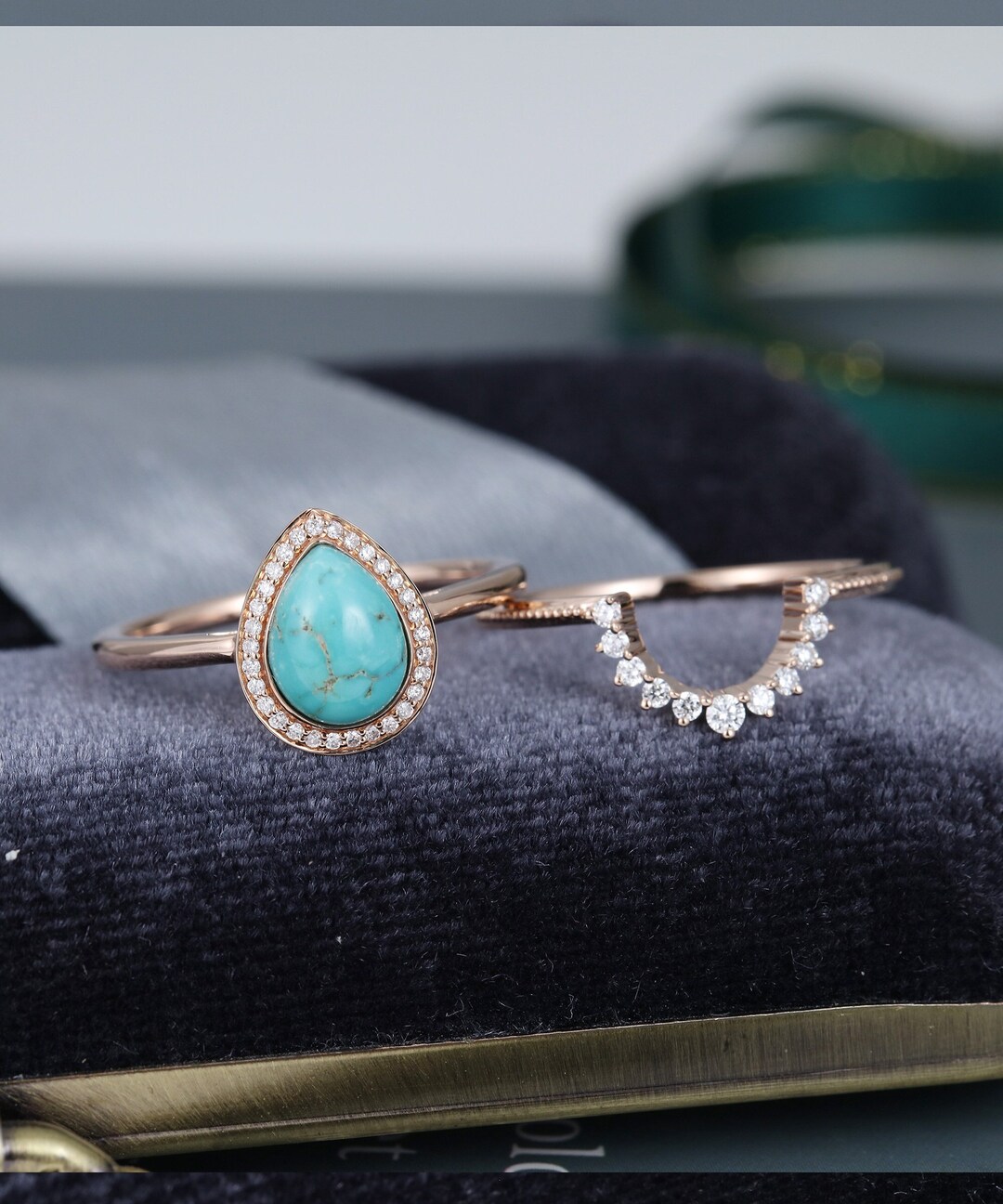 Pear Shaped Turquoise Engagement Ring Set Rose Gold Halo Diamond ...
