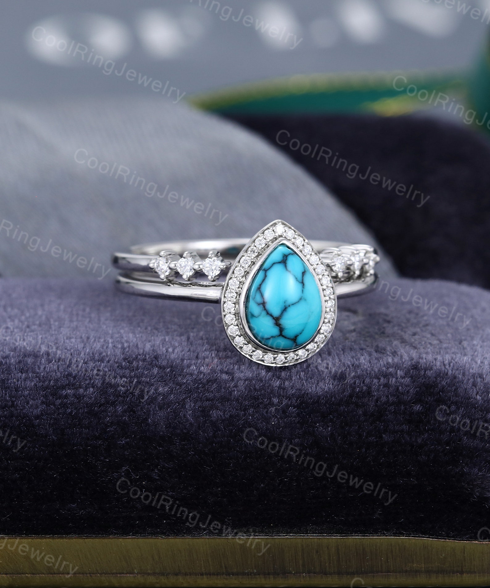 2PCS Pear Shaped Turquoise Engagement Ring Set White Gold Halo Diamond ...
