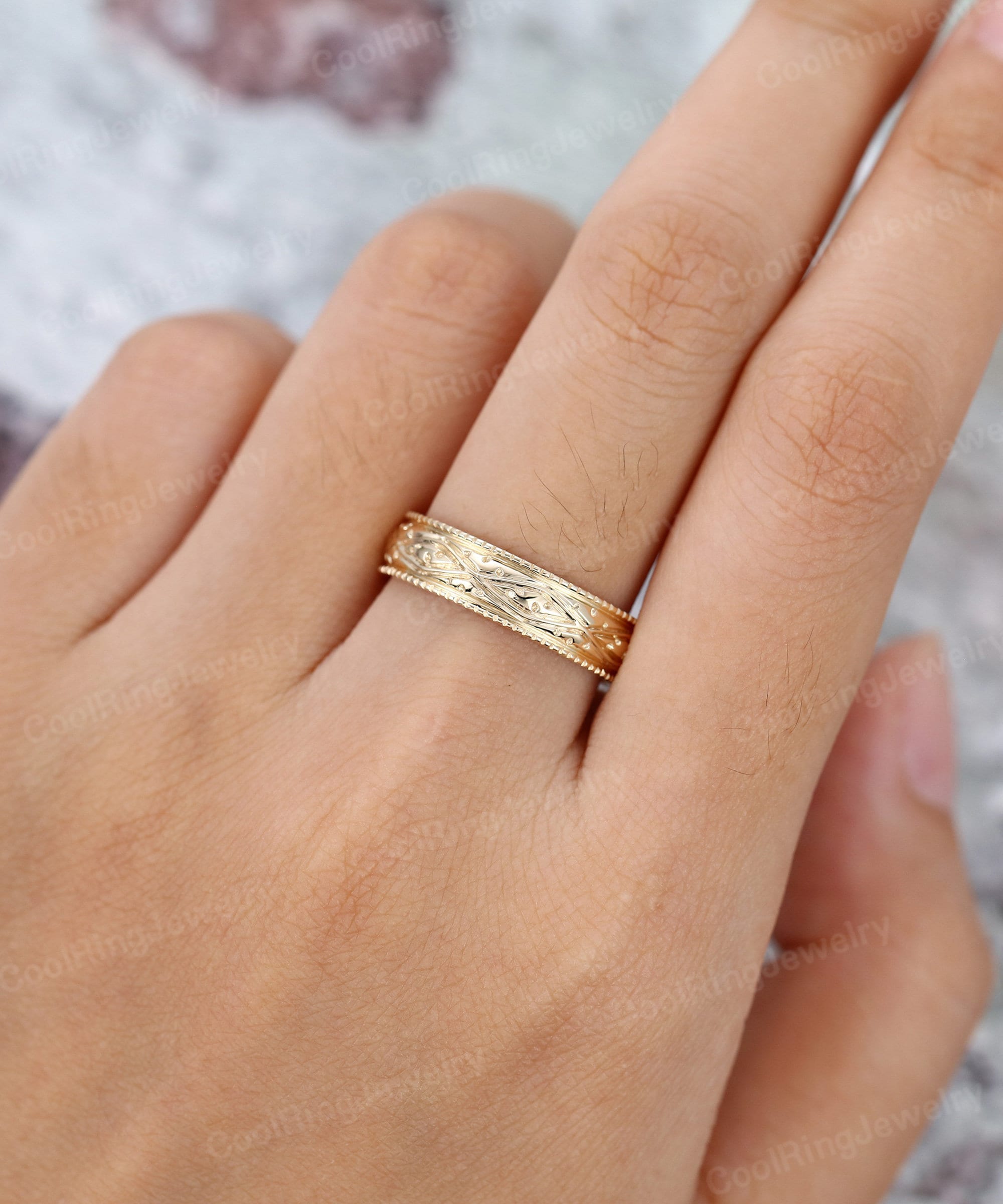 Solid 14K Yellow Gold Wedding Band Unique Wide Wedding Ring for Man ...