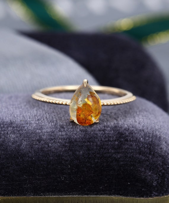 Pear shaped Amber engagement ring Yellow gold vintage engagement ring antique art deco Bridal Anniversary gift for her