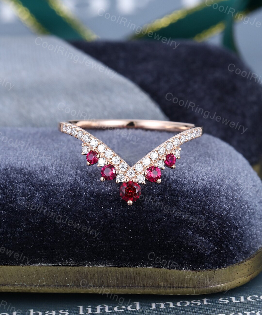 Unique Ruby Rose Gold Wedding Band Round Cut Moissanite Wedding Band Vintage Curved Diamond ...