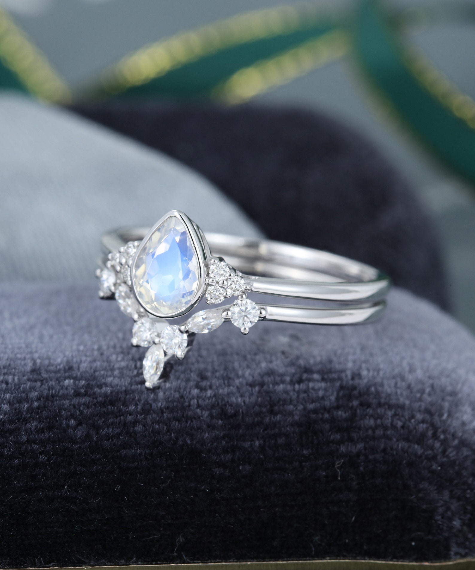 Pear Shaped Moonstone Engagement Ring Set Vintage White Gold | Etsy