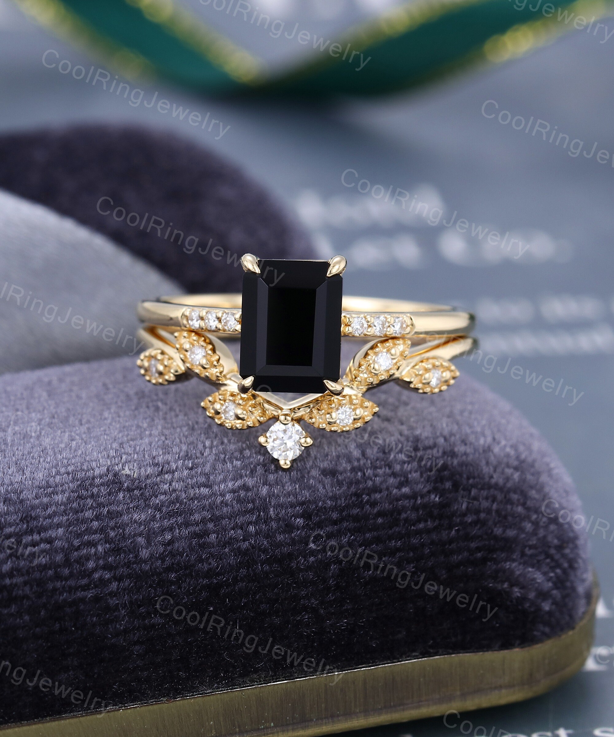 Emerald Cut Black Onyx Engagement Ring Set Yellow Gold Diamond - Etsy