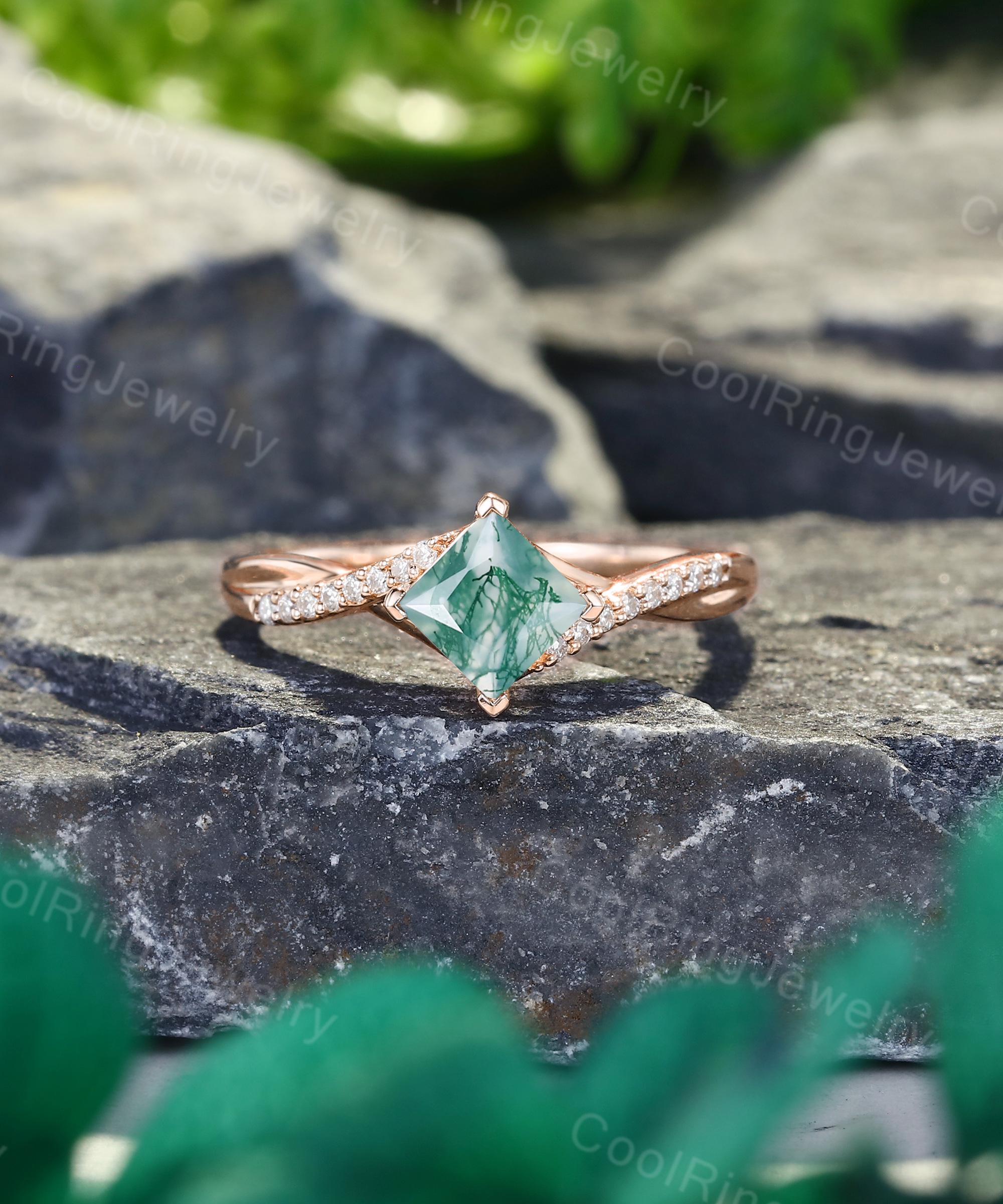 Unique Princess Cut Moss Agate Engagement Ring 18k Rose Gold Wedding ...