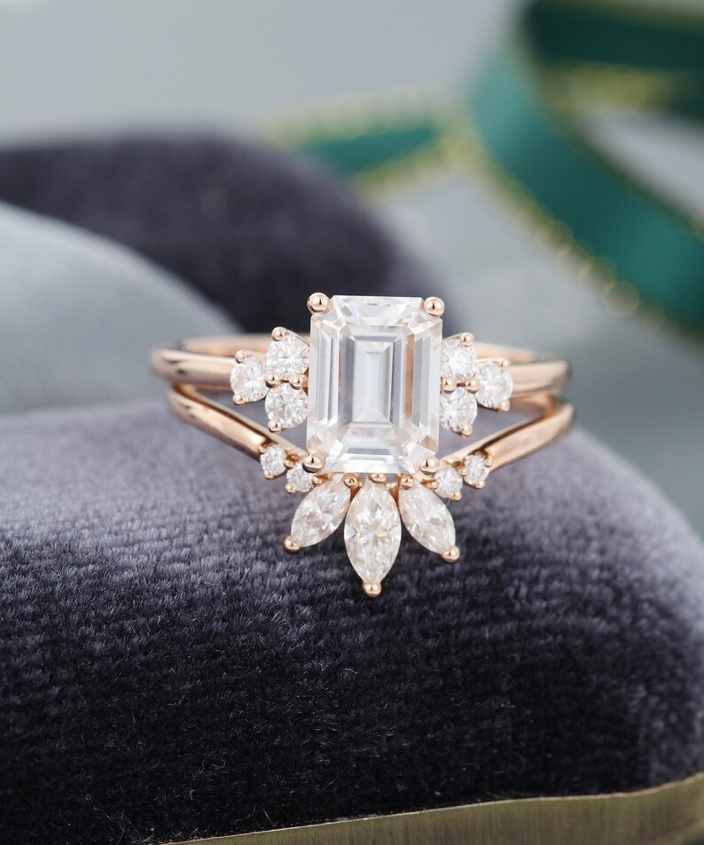 Emerald Cut Moissanite Engagement Ring Set Rose Gold - Etsy