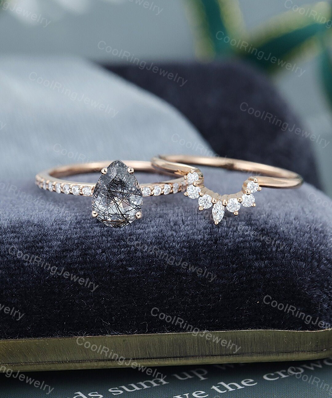 Black Rutilated Quartz Engagement Ring Set Rose Gold Pear Shaped ...