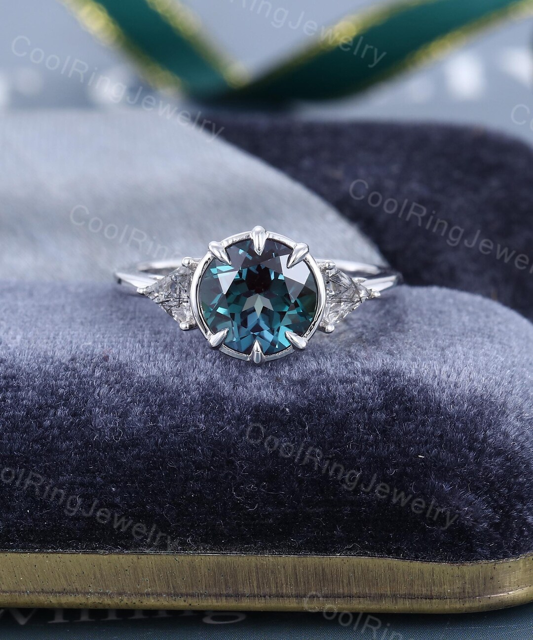 Alexandrite Engagement Ring Vintage Solid White Gold Triangle Cut Black ...