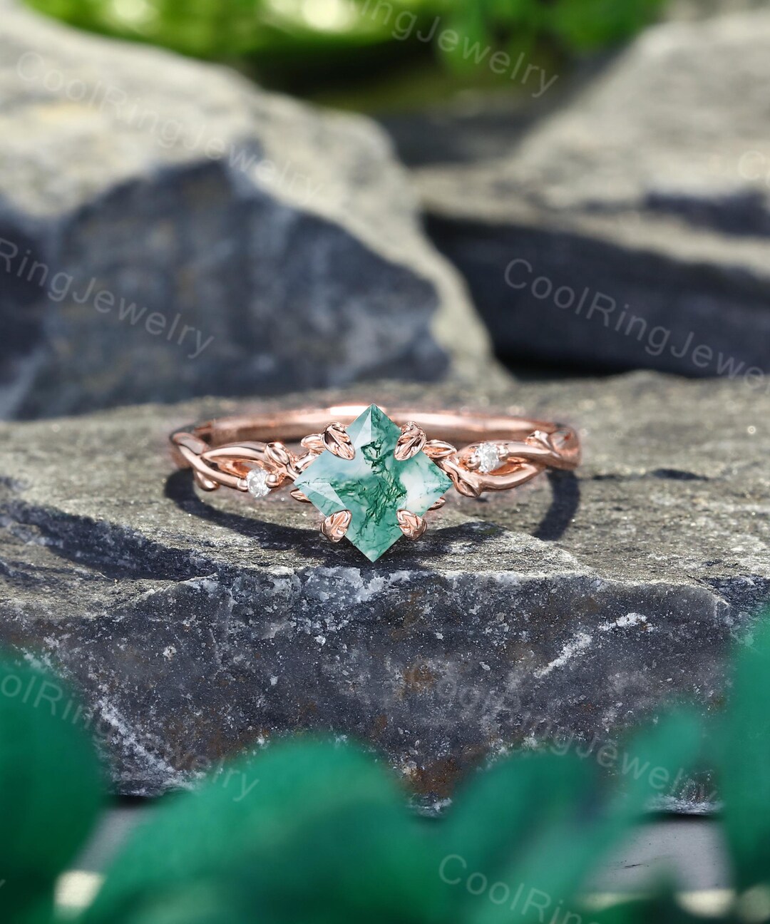 Unique Princess Cut Natural Moss Agate Engagement Ring 18k Rose Gold ...
