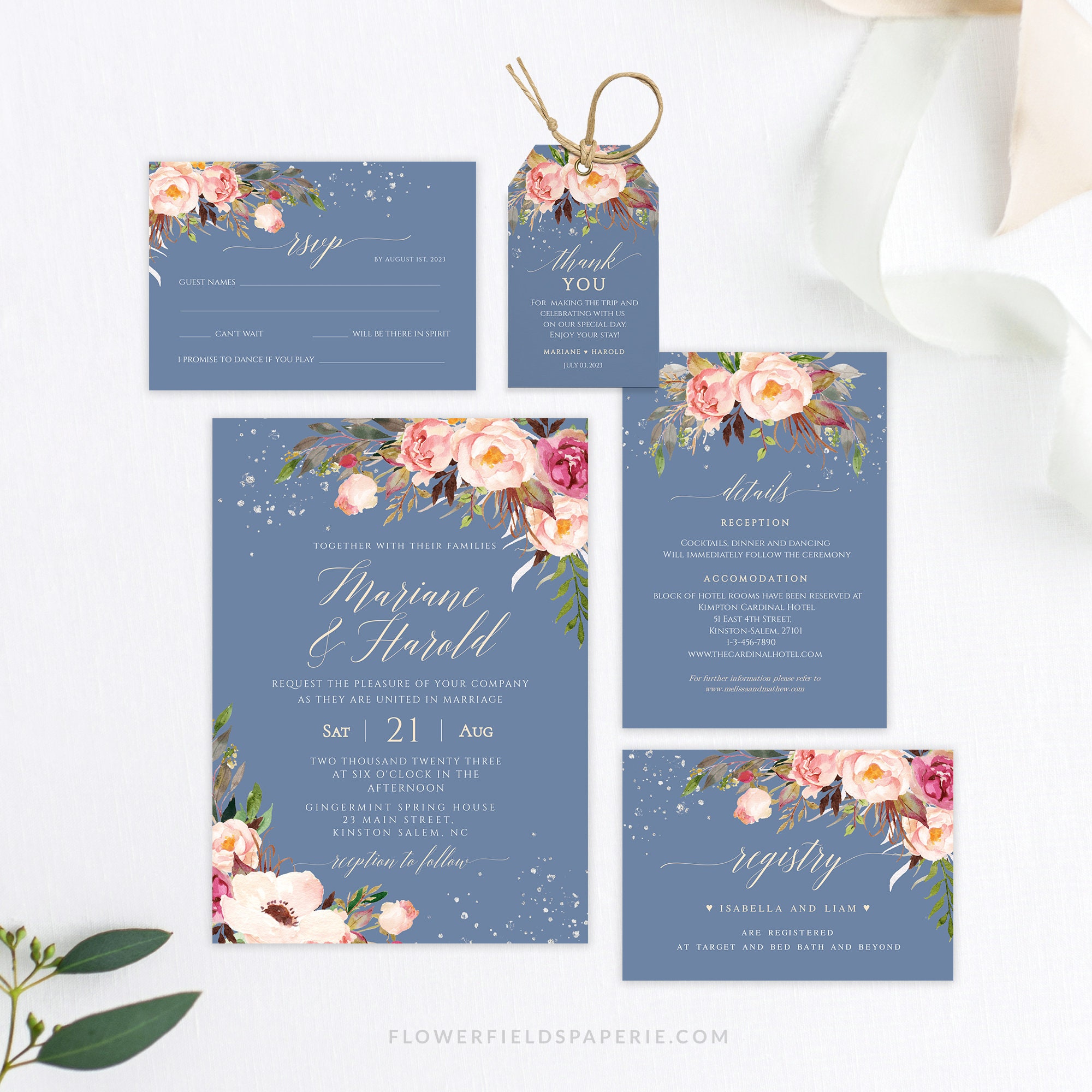 Dusty Blue Wedding Invitation Printable Invite Template | Etsy