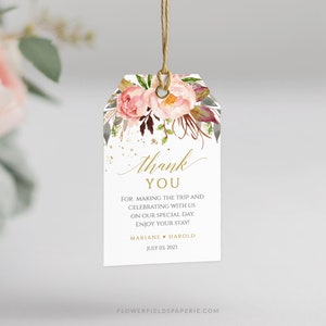 Favor Tag Template, Boho Blush Flower Wedding Gift Tag, Editable Thank ...
