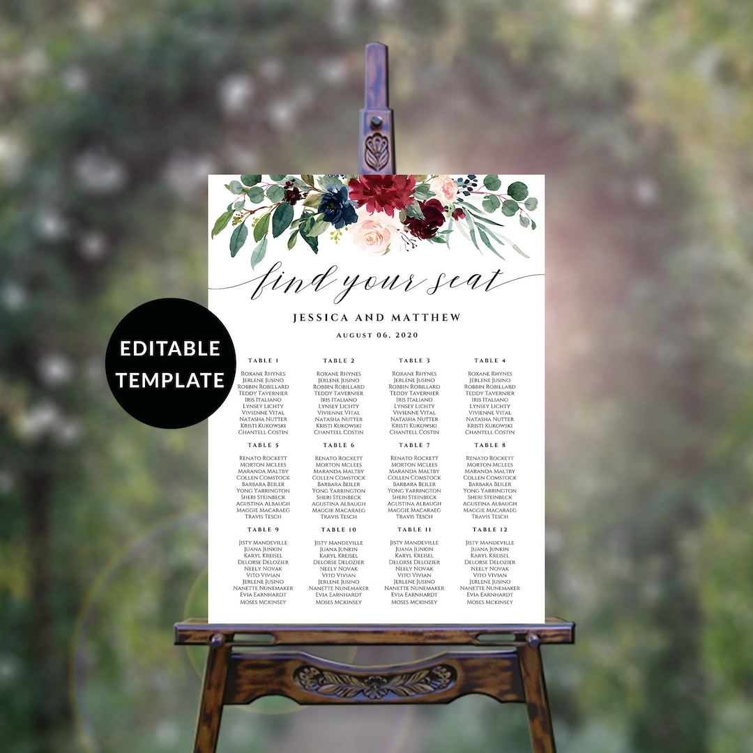 Romantic Wedding Seating Chart Template, Floral Marsala Burgundy and ...
