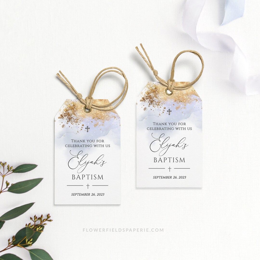 Christening Favor Tag Template, Boy Baptism Gift Tag, Dusty Blue and ...