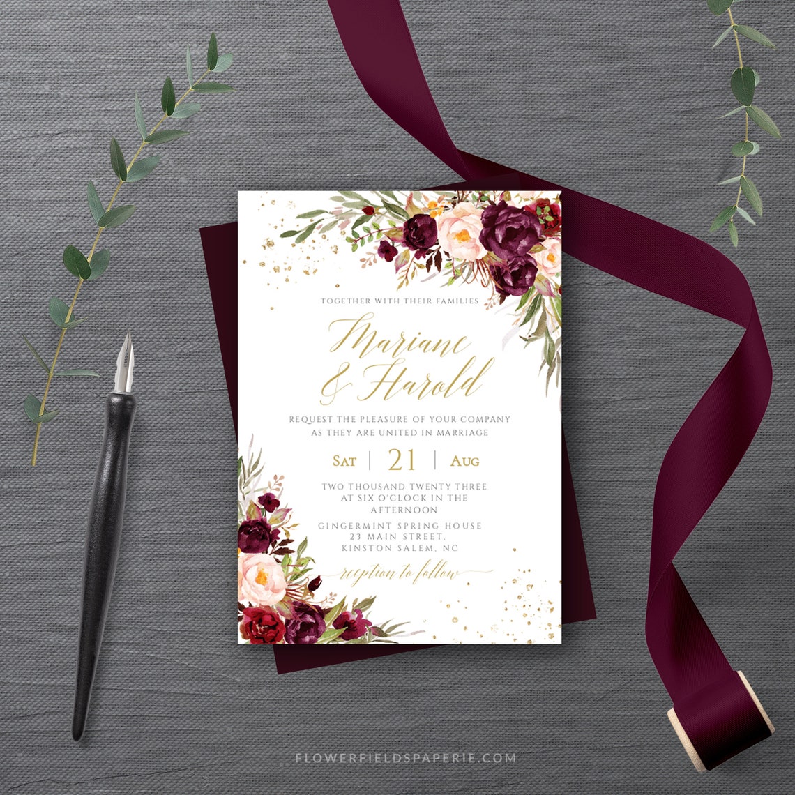 Boho Wedding Invitation Printable Invite Template Marsala - Etsy