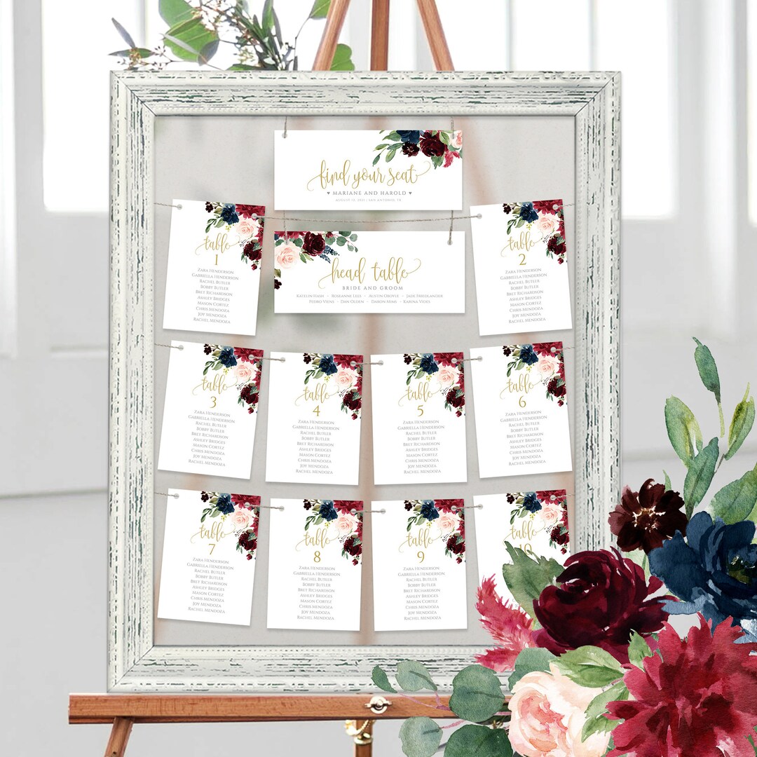 Wedding Hanging Seating Chart Template, Navy Marsala and Blush Wedding ...