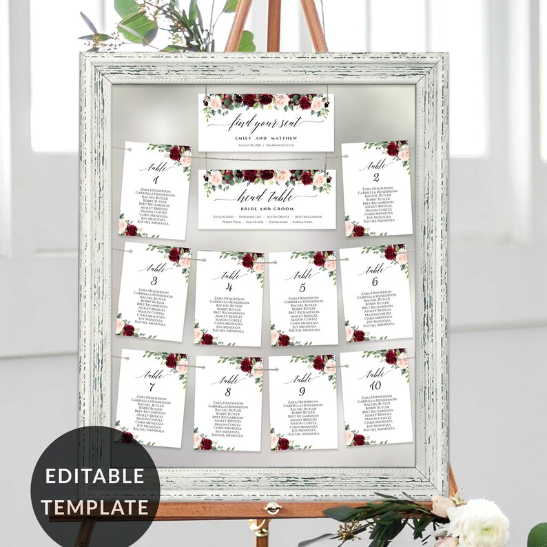 Burgundy Wedding Hanging Seating Chart Template Burgundy - Etsy