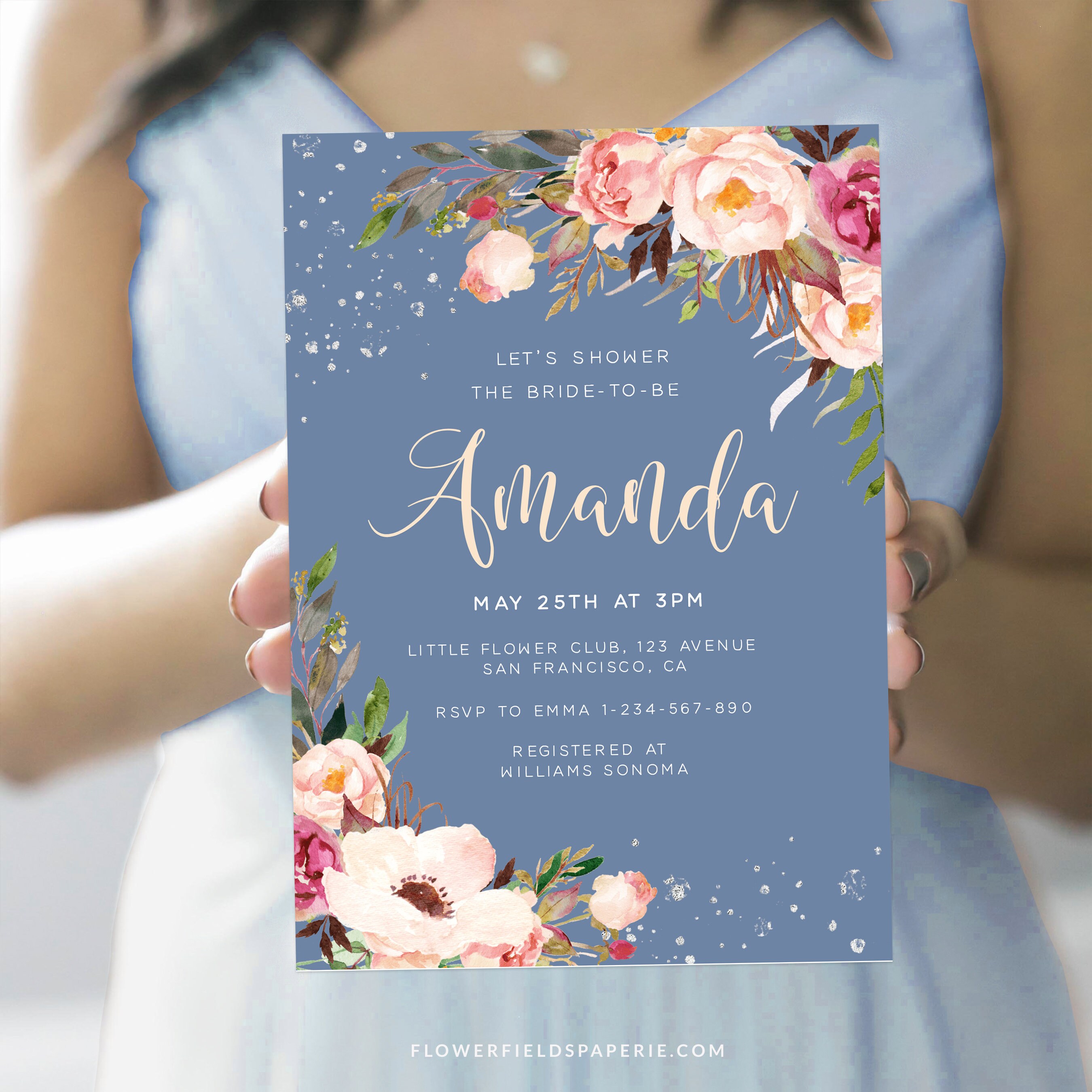 Boho Bridal Shower Invitation Dusty Blue and Blush DIY Bridal - Etsy