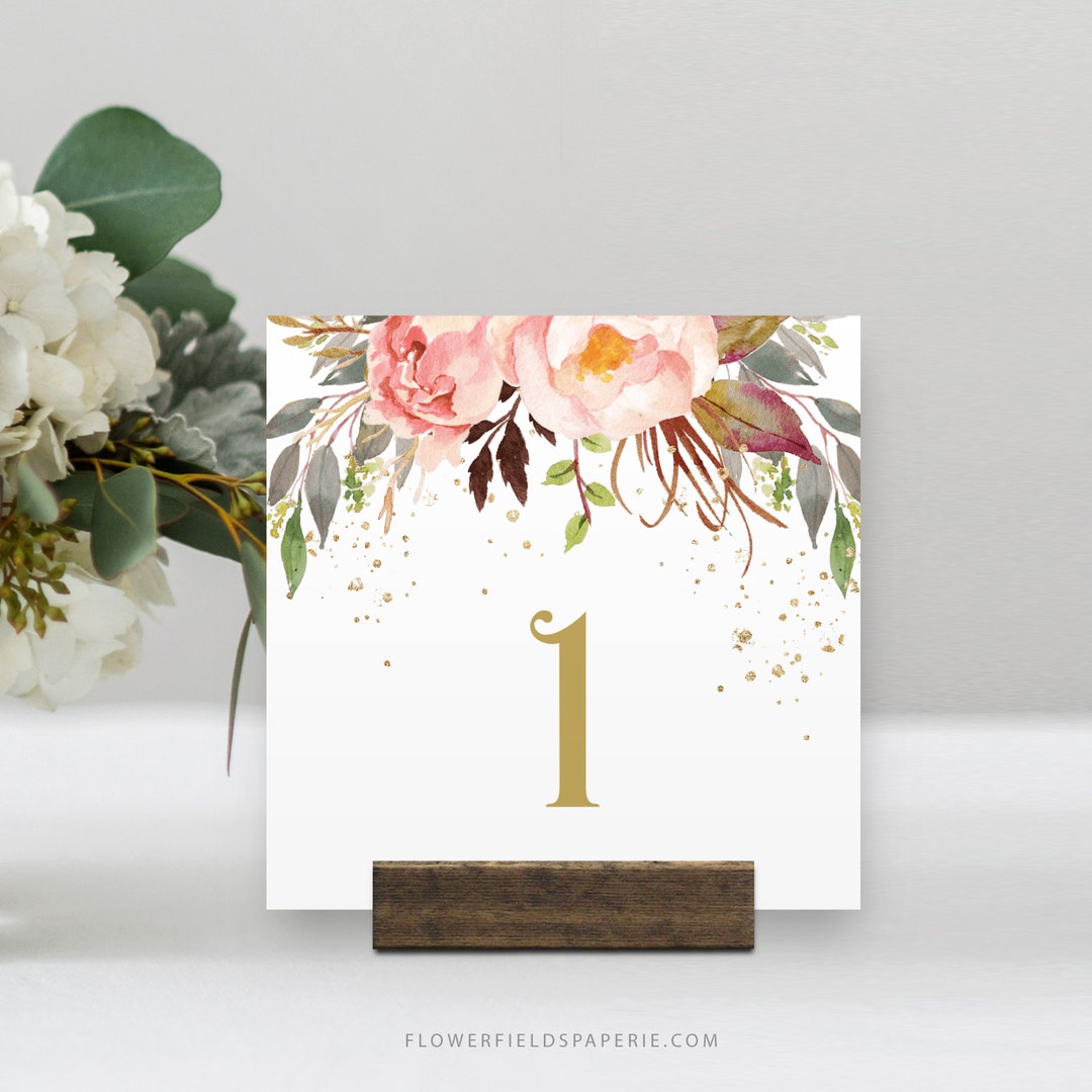 Table Number Card Template, Boho Blush Flower Wedding Table Number ...