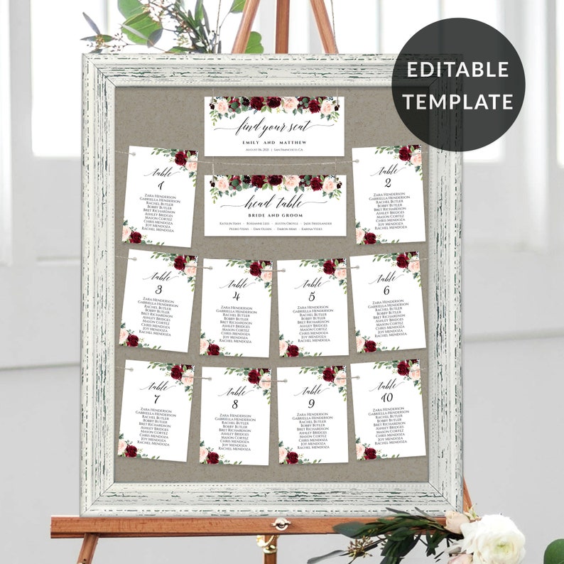 Burgundy Wedding Hanging Seating Chart Template Burgundy - Etsy