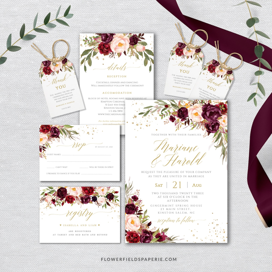 Boho Wedding Invitation Printable Invite Template Marsala - Etsy