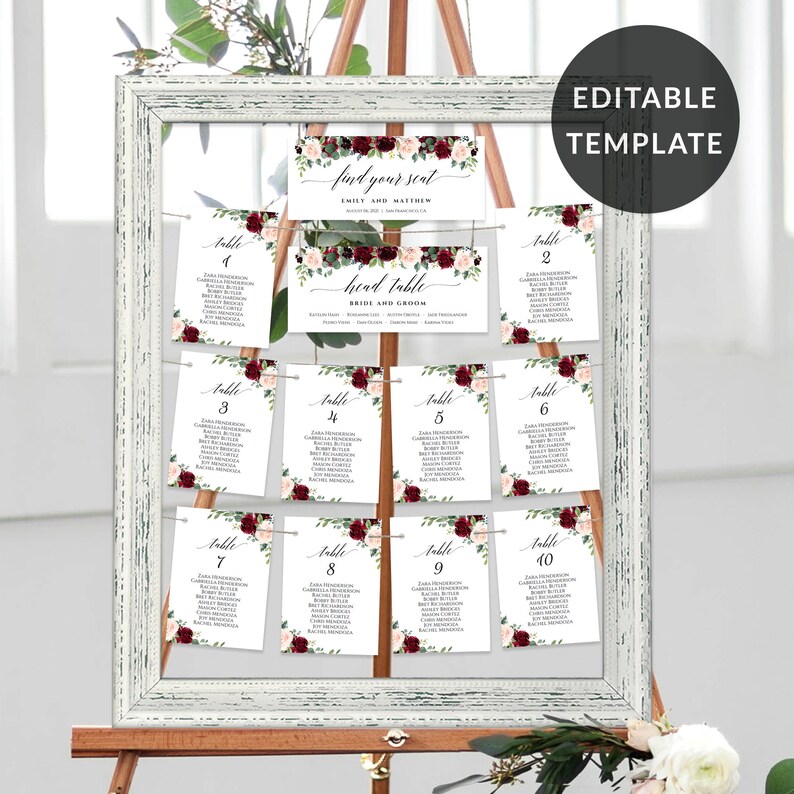 Burgundy Wedding Hanging Seating Chart Template Burgundy - Etsy