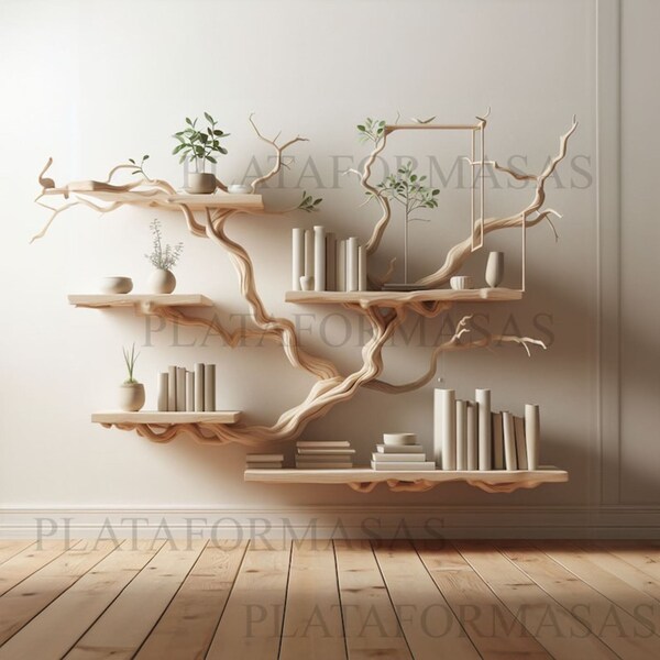 Tree Branches Wall Bookshelf Decorations Floating Mid Century Bookcase ...