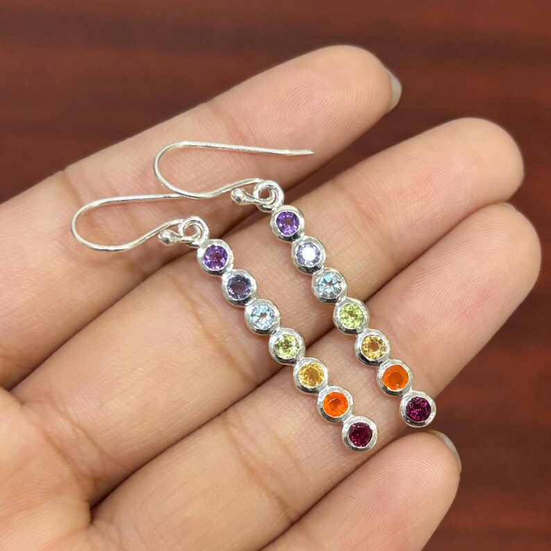 Chakra Earrings, 925 Sterling Silver, Dangle Drop Earrings, Natural 7 ...