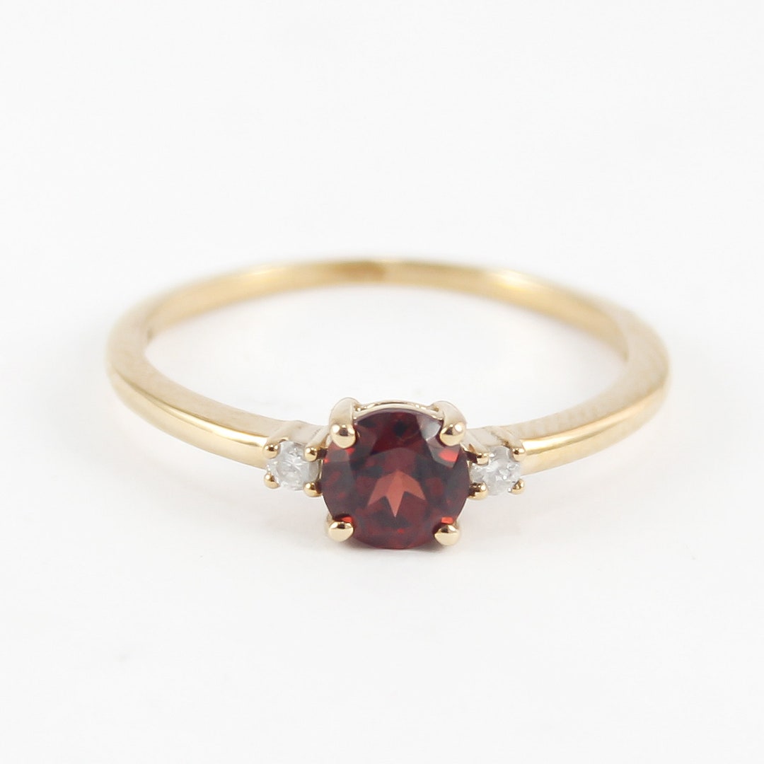 Natural Garnet Ring With Diamonds,14k Gold Stackable Semi Precious ...
