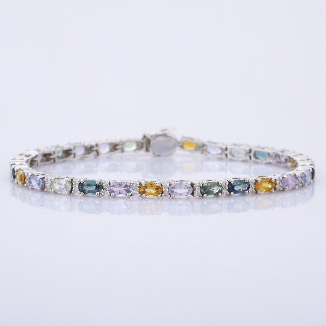Multi Colored Sapphire Diamond Tennis Bracelet 925 Sterling Silver